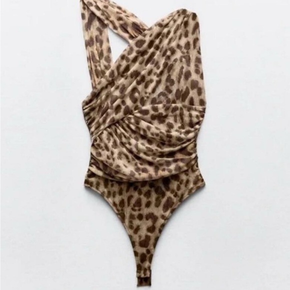 Zara | Tops | Zara Draped Asymmetrical Tulle Bodysuit Leopard Cheetah ...